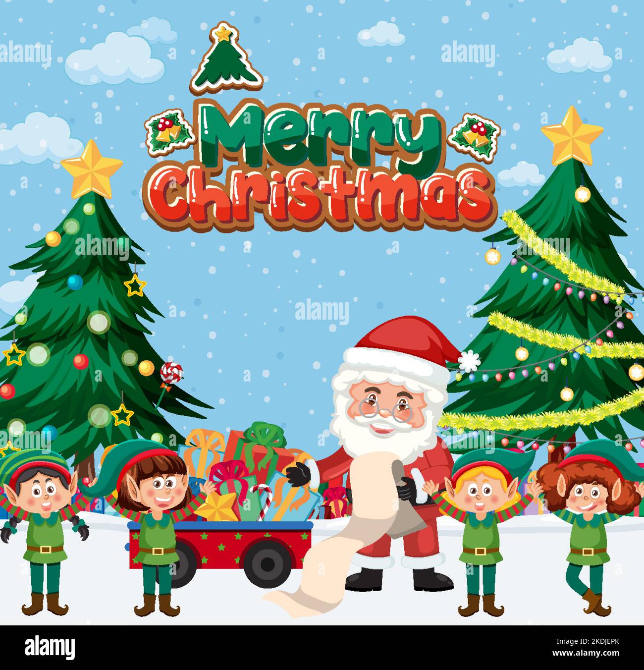 Santa Claus and elfs delivery gift for Christmas illustration Stock ...