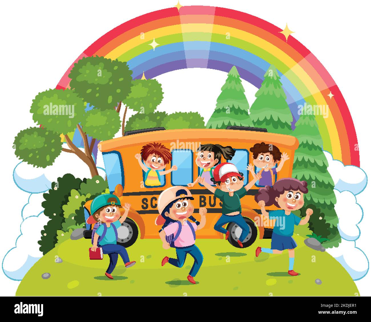 Children with school bus in cartoon style illustration Stock Vector ...