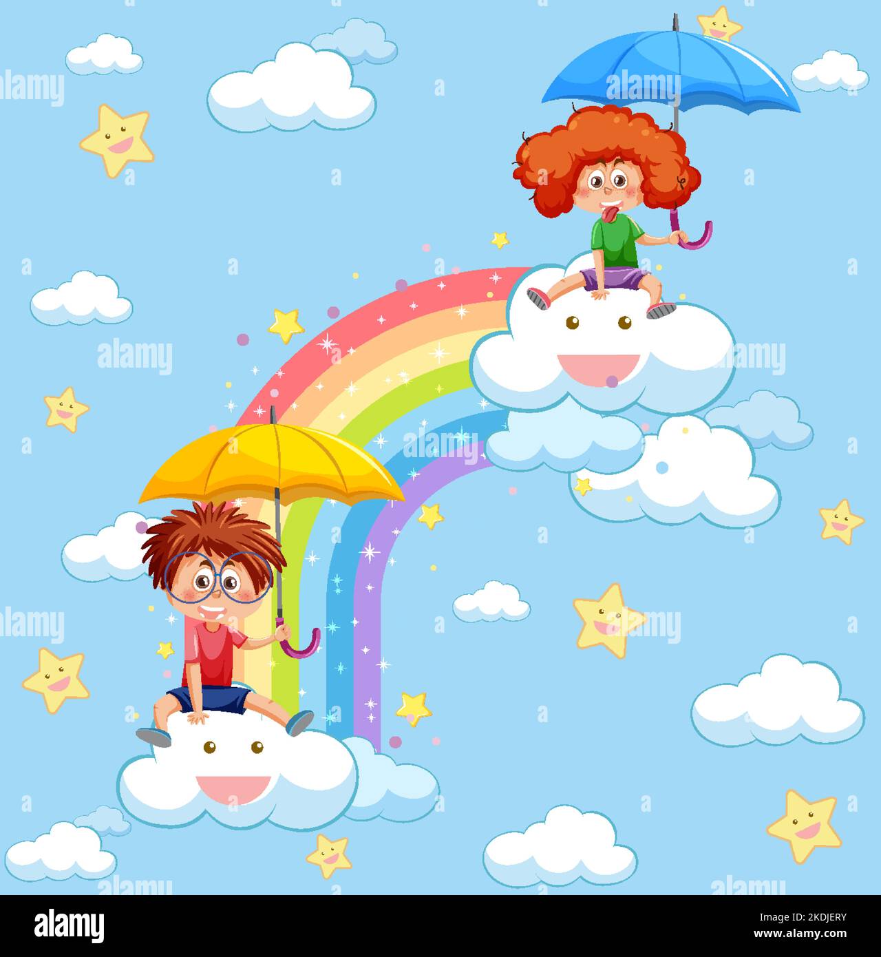 Happy kids in in the sky with rainbow illustration Stock Vector Image ...