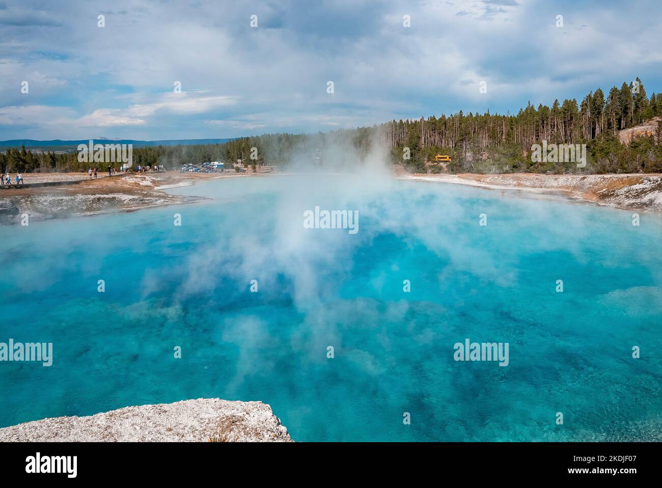 View of eruption of Excelsior Geyser in forest at Yellowstone national ...