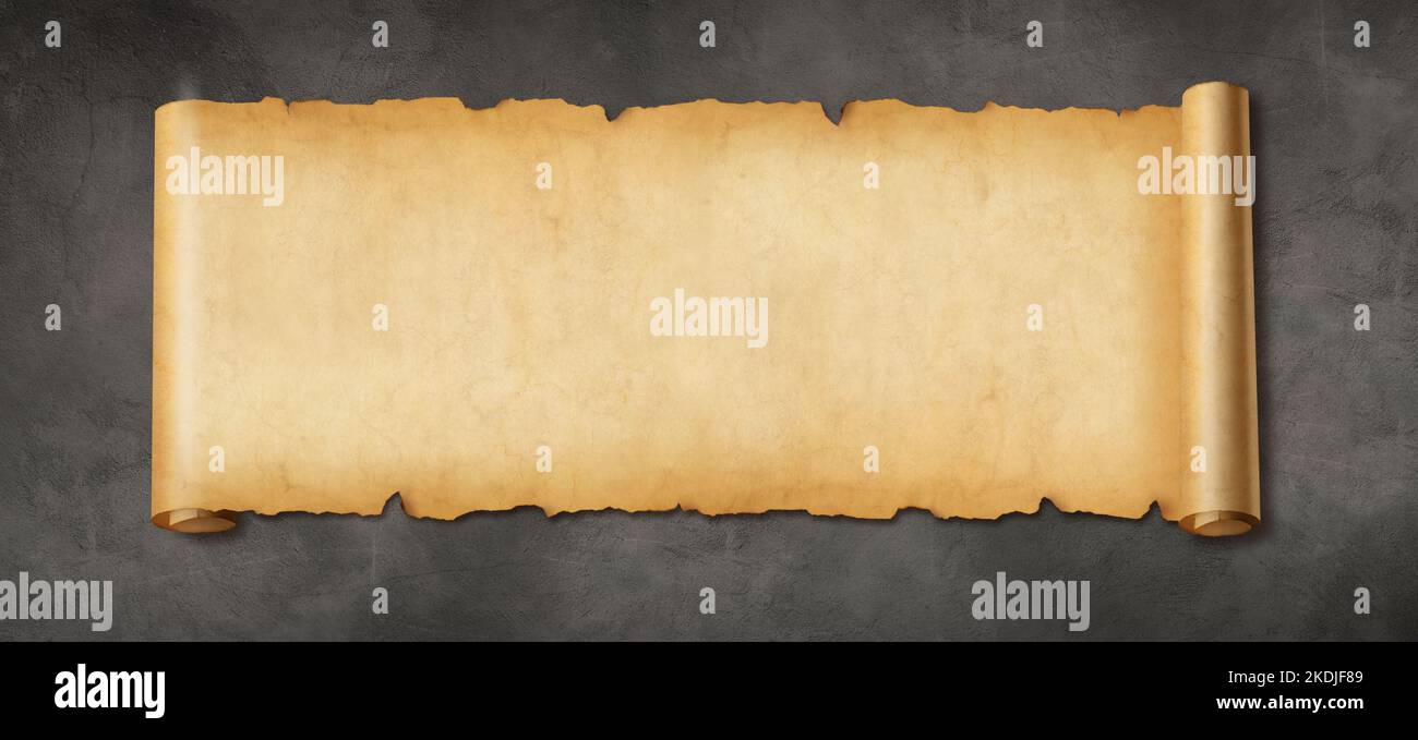 Old paper horizontal banner. Parchment scroll on a concrete wall ...