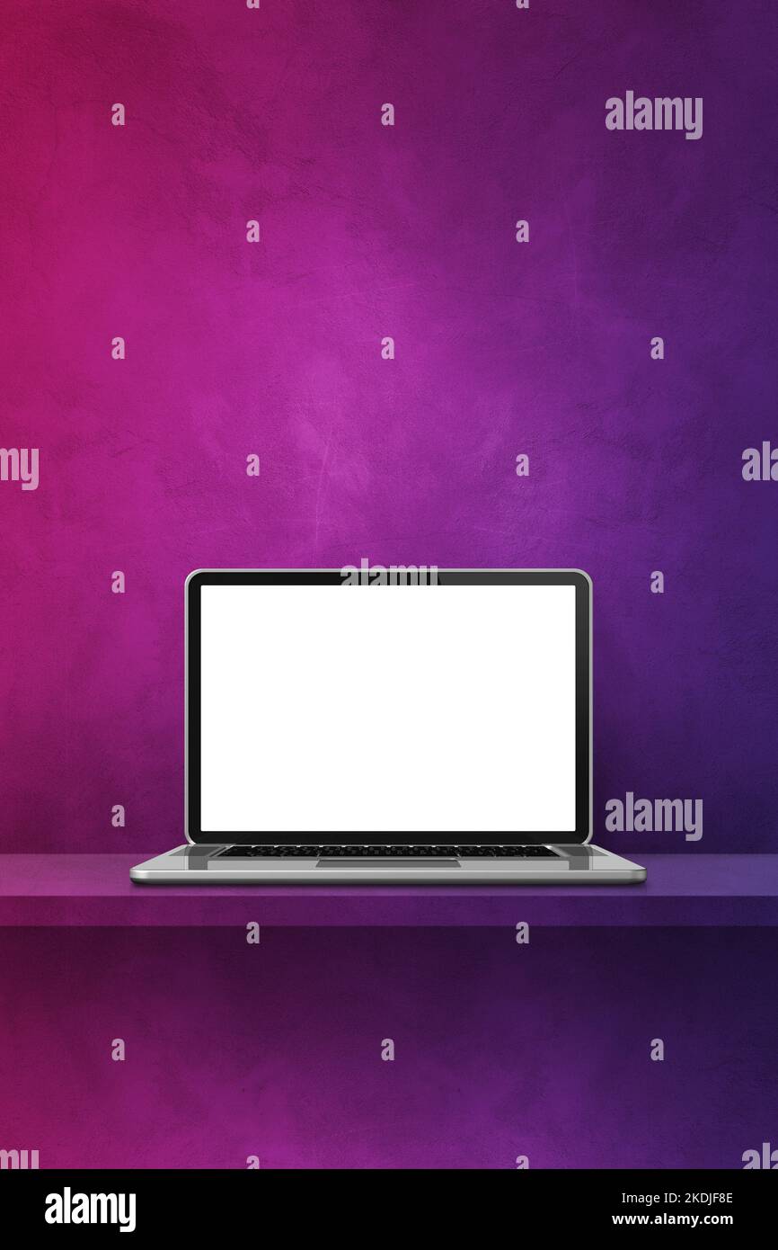 Laptop computer on purple shelf. Vertical background. 3D Illustration ...
