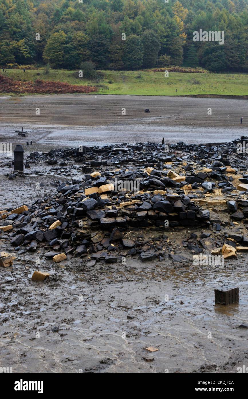 Low water levels at Ladybower Reservoir Derbyshire UK reveals ruins of ...