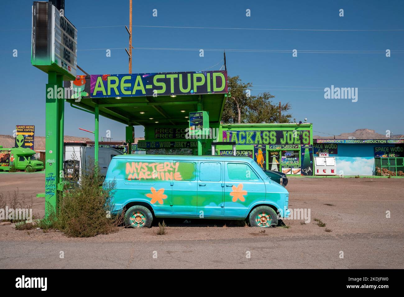 Blue Retro Camper Van Parked At Modern Gas Station Stock Photo - Alamy