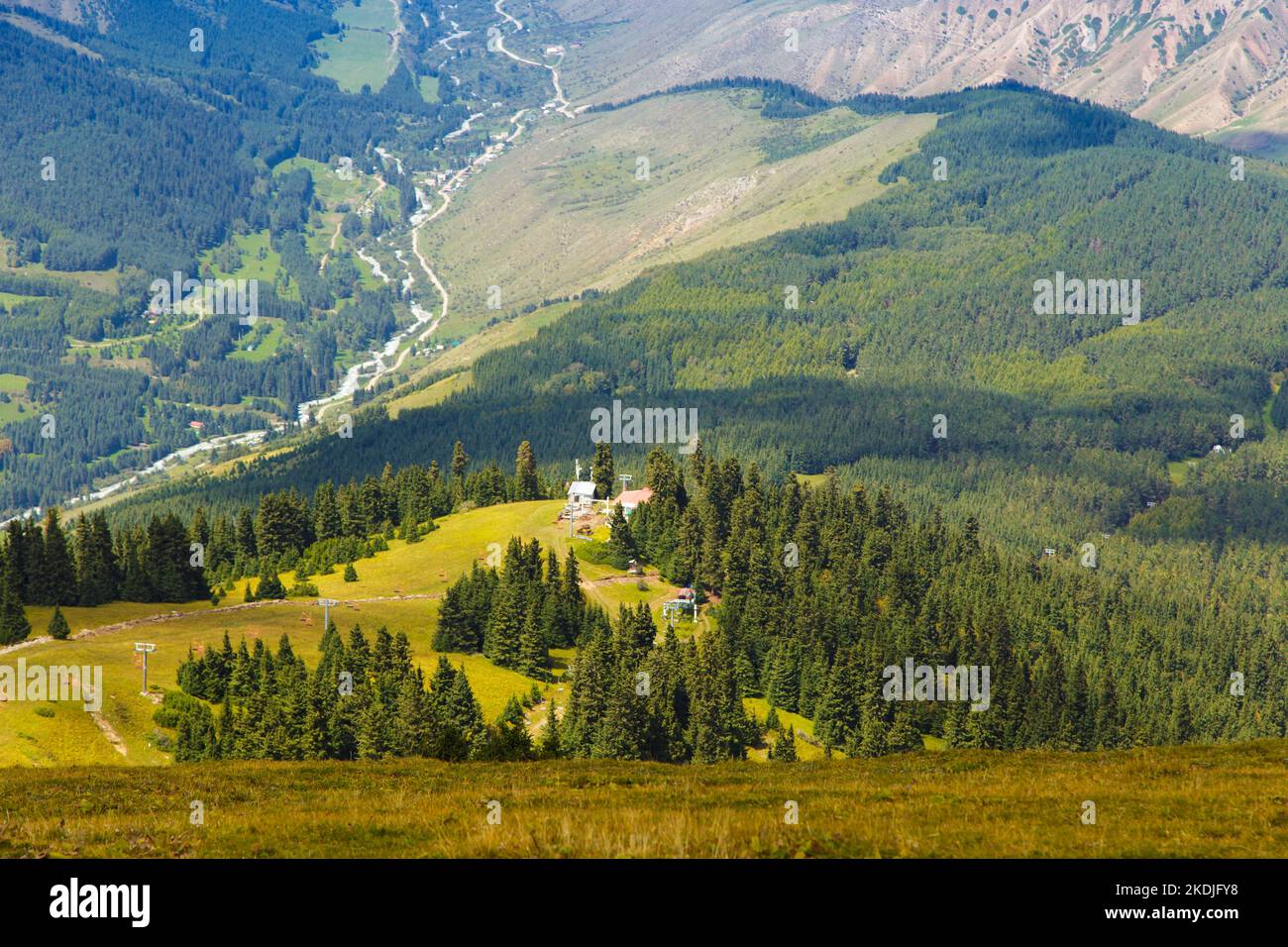 Mountain summer landscape. Snowy mountains and green grass. Peak ...
