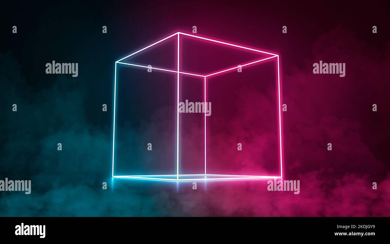 Colored neon glowing box stand in darkness, half-turned view, 3d ...