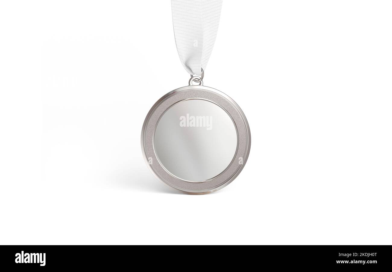 Blank silver medal mockup stand, front view, 3d rendering. Empty best ...