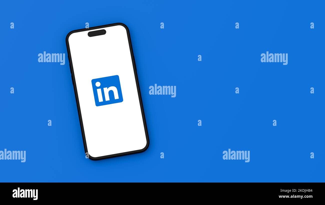 Linkedin Logo on Mobile Phone Screen on Blue Background with Copy Space ...