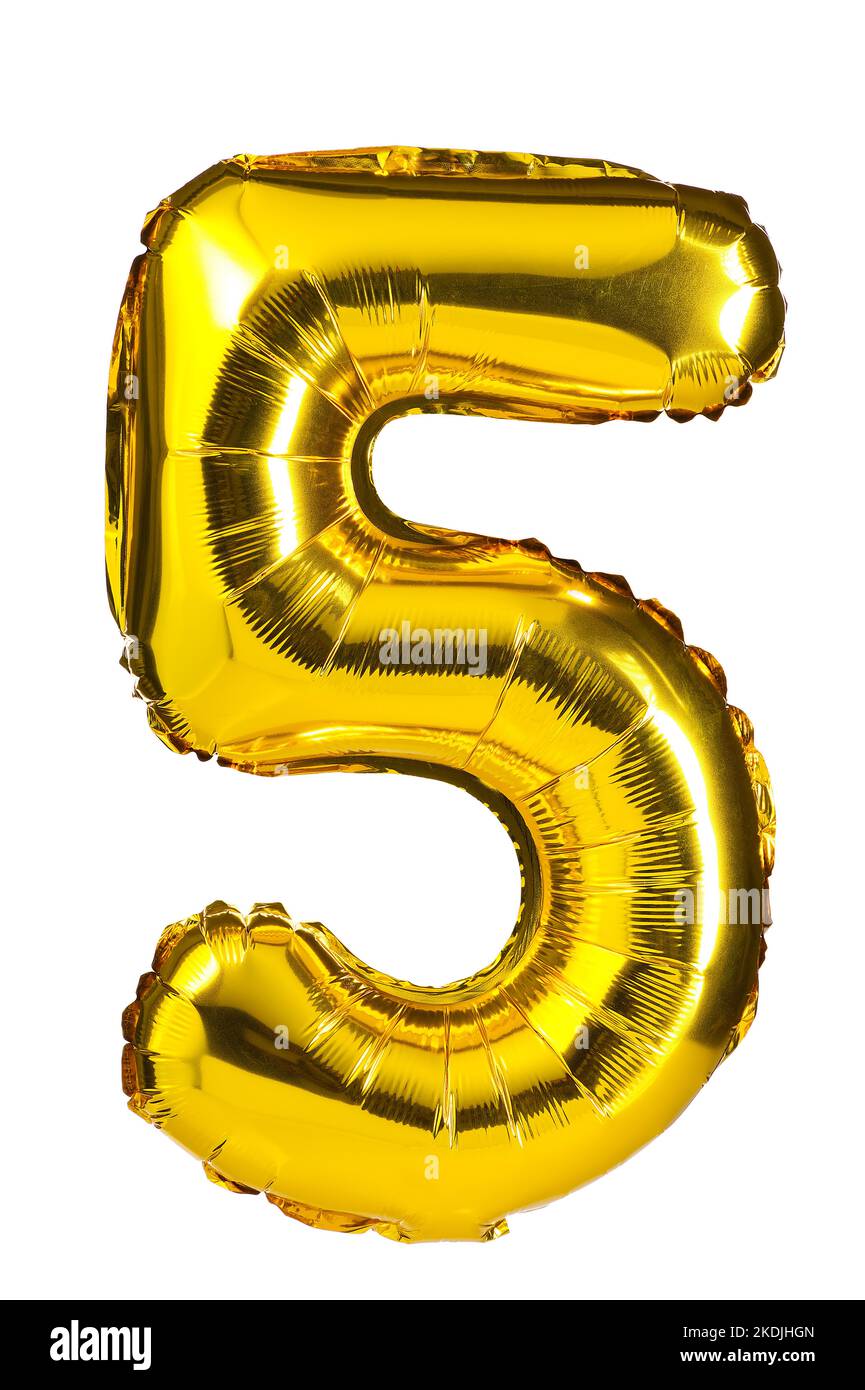 Helium golden balloon number five, 5. Isolated on white Stock Photo - Alamy