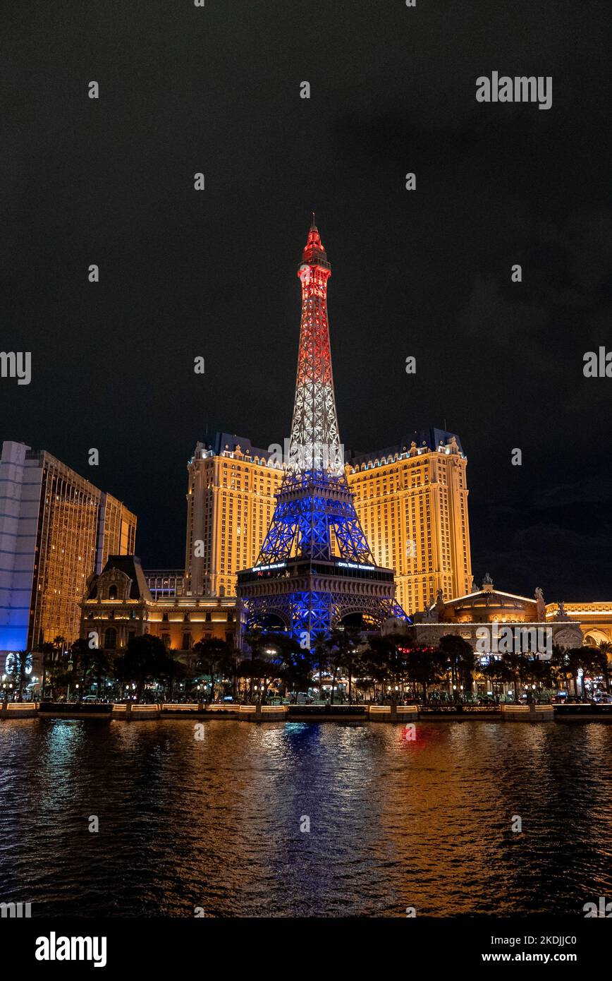 Illuminated Replica of Eiffel Tower and Paris Las Vegas Hotel during night Stock Photo - Alamy