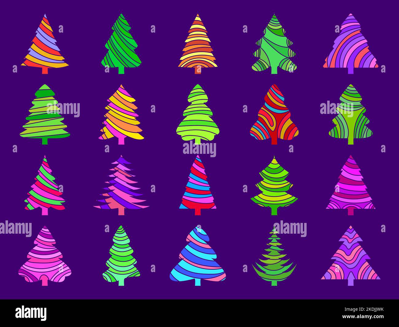 Christmas trees icons set. Multi-colored Christmas trees with a pattern ...