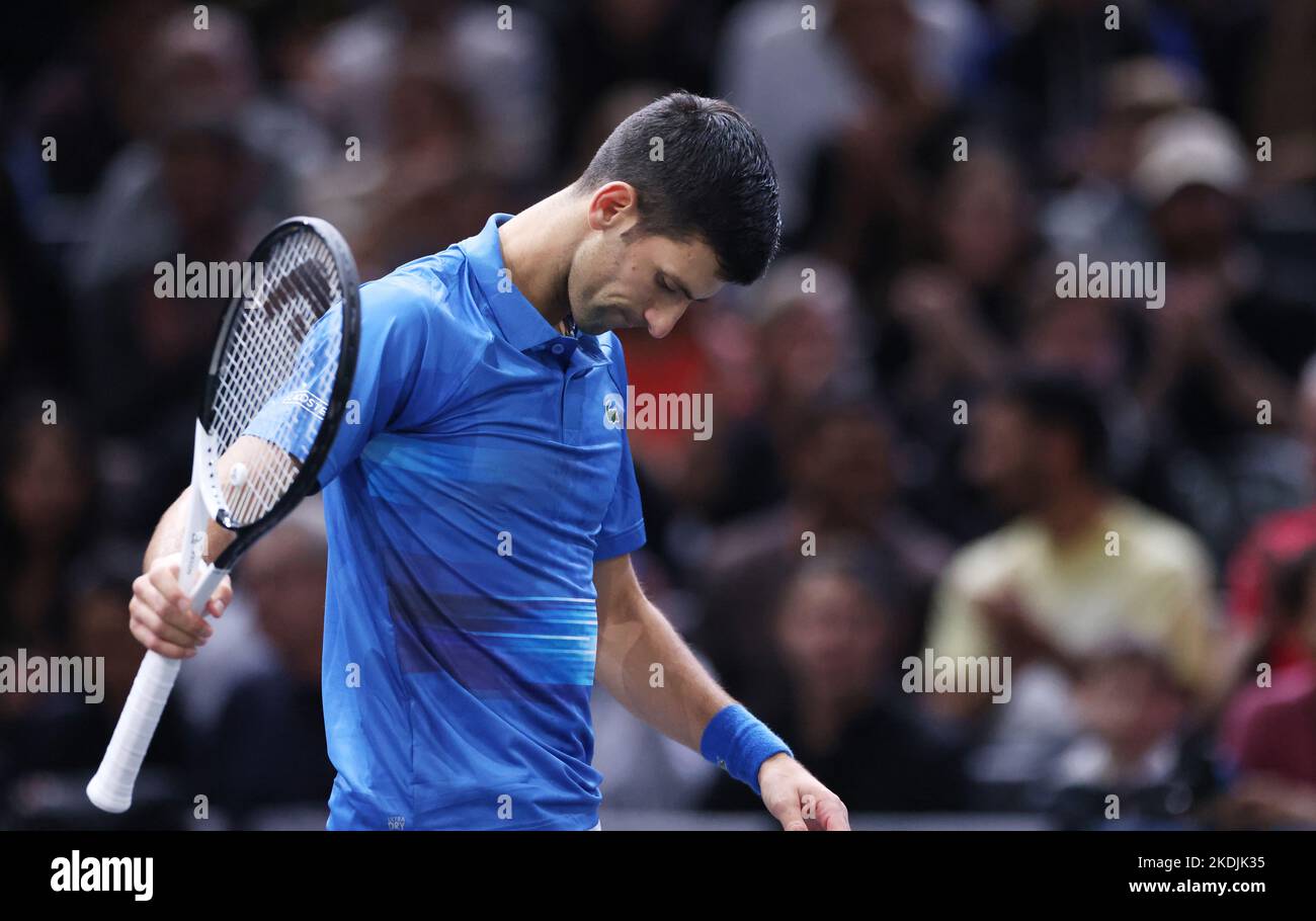 Paris, France. 6th Nov, 2022. Novak Djokovic of Serbia reacts during the men's singles final ...