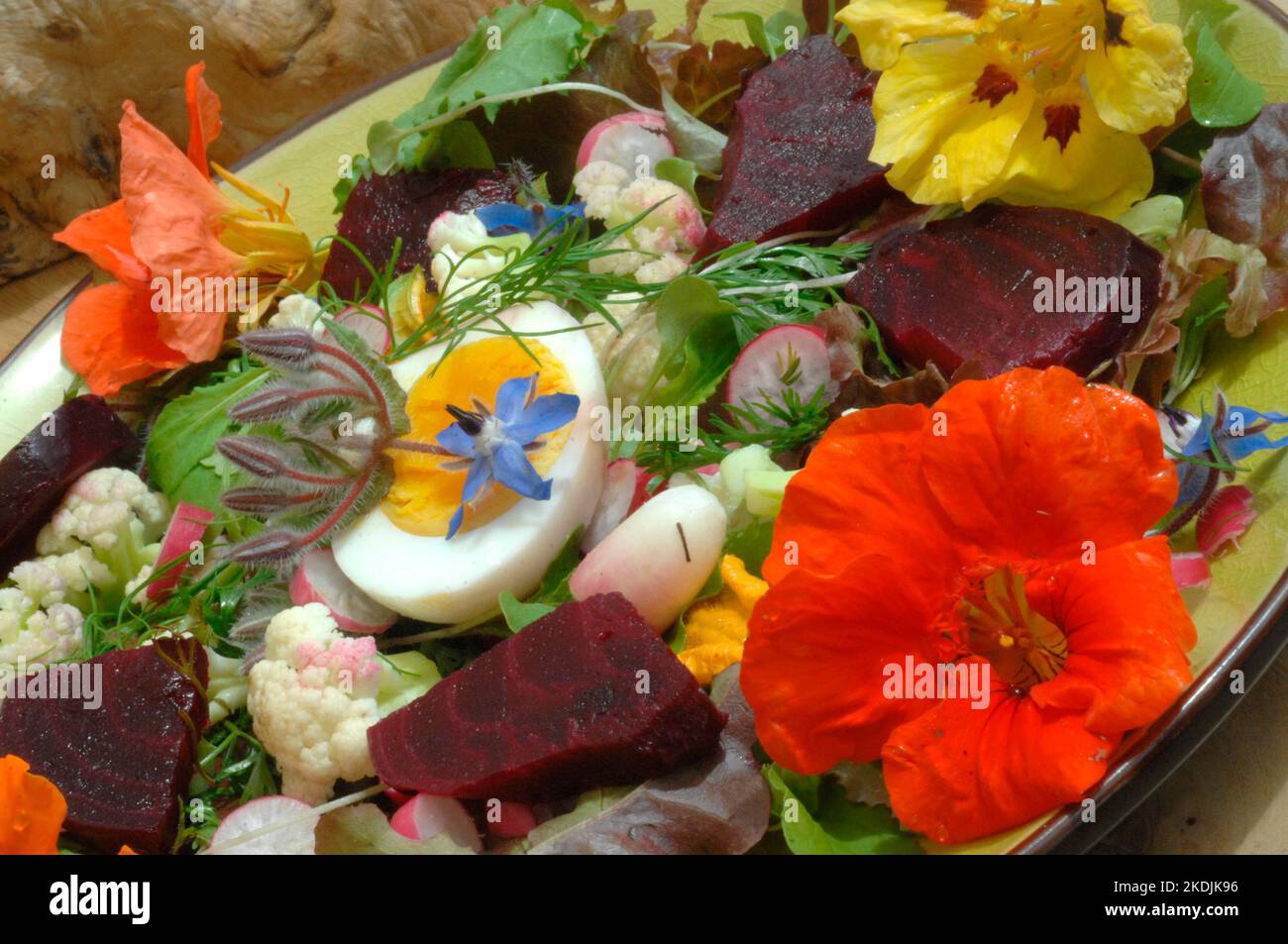 Raw salad dish: cauliflower and red beetroot, with hard-boiled egg ...