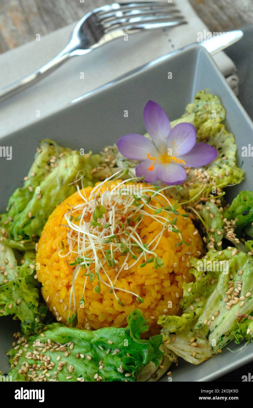 Sprouted seeds on a dish of spicy saffron rice, green salad, saffron ...