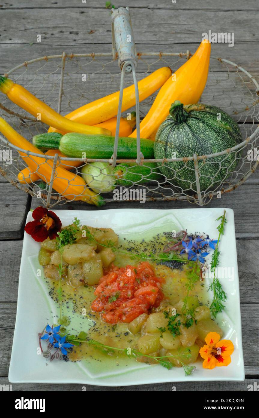 Yellow, green and round courgettes in a basket - Plate containing a ...