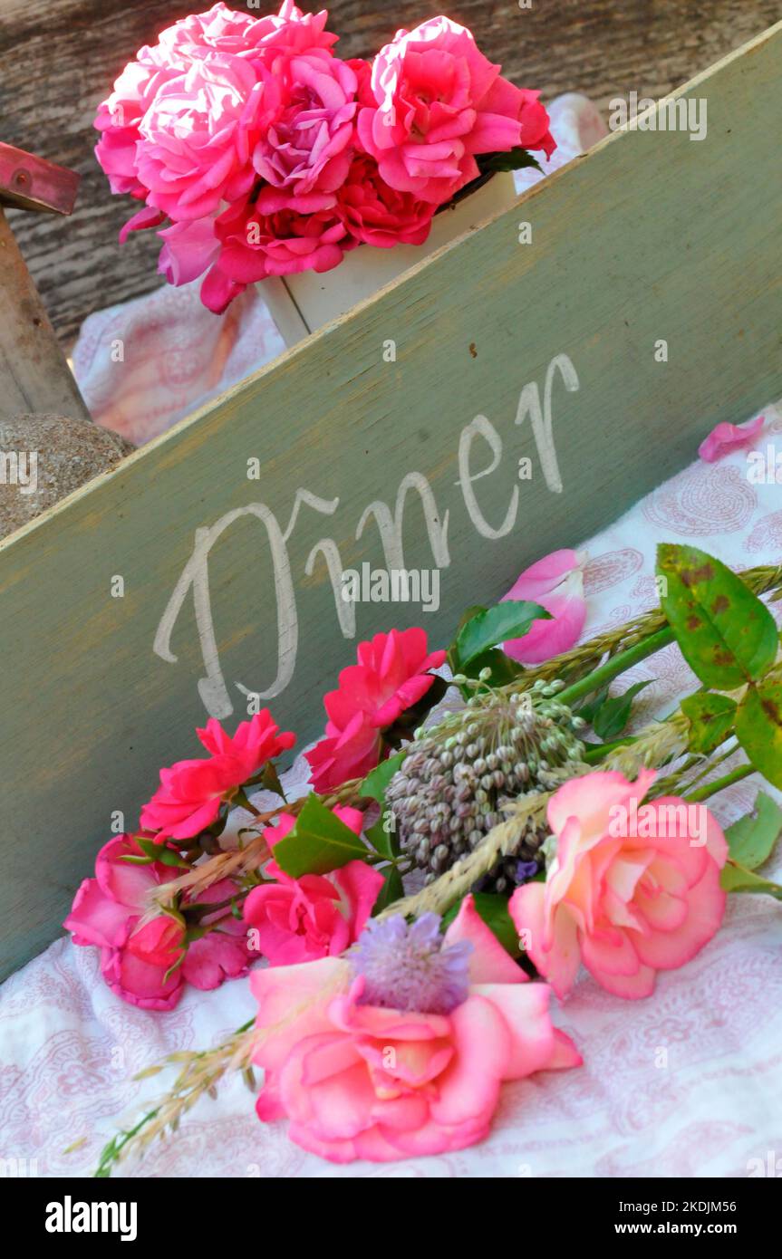 Emera Roses and other varieties, grey sign 'Dinner' message Stock Photo ...