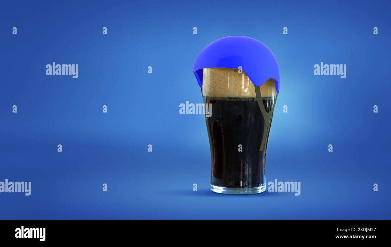 Big glass of frothy dark beer wearing blue cap isolated over blue neon ...