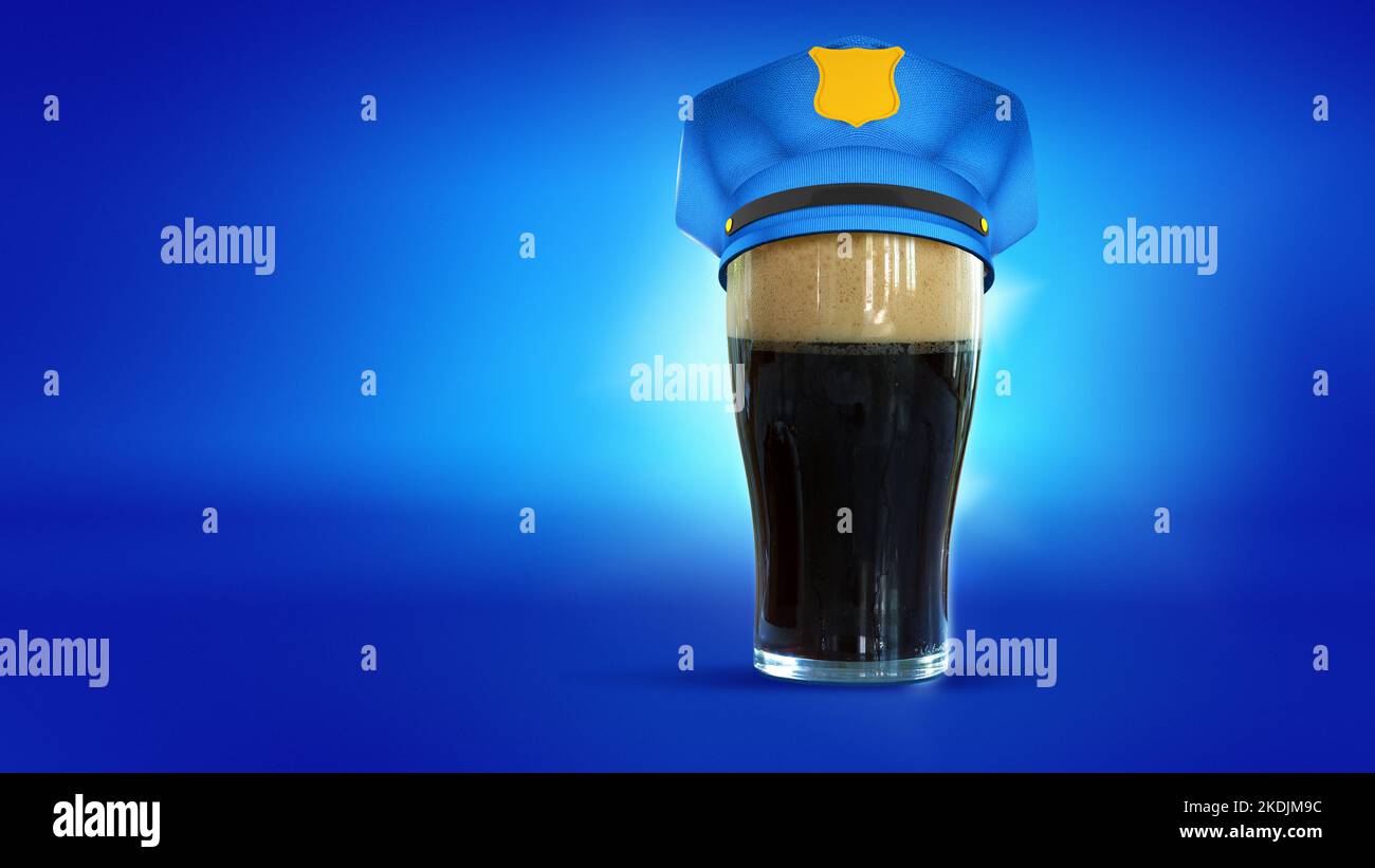 Policeman. Mug of frothy dark beer wearing police cap isolated over ...