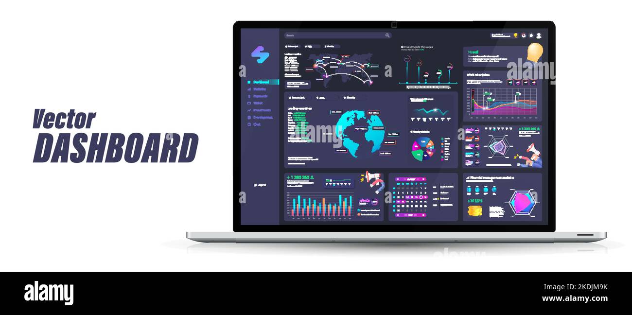 Laptop with dashboard mockup. 3D vector template admin panel Stock ...