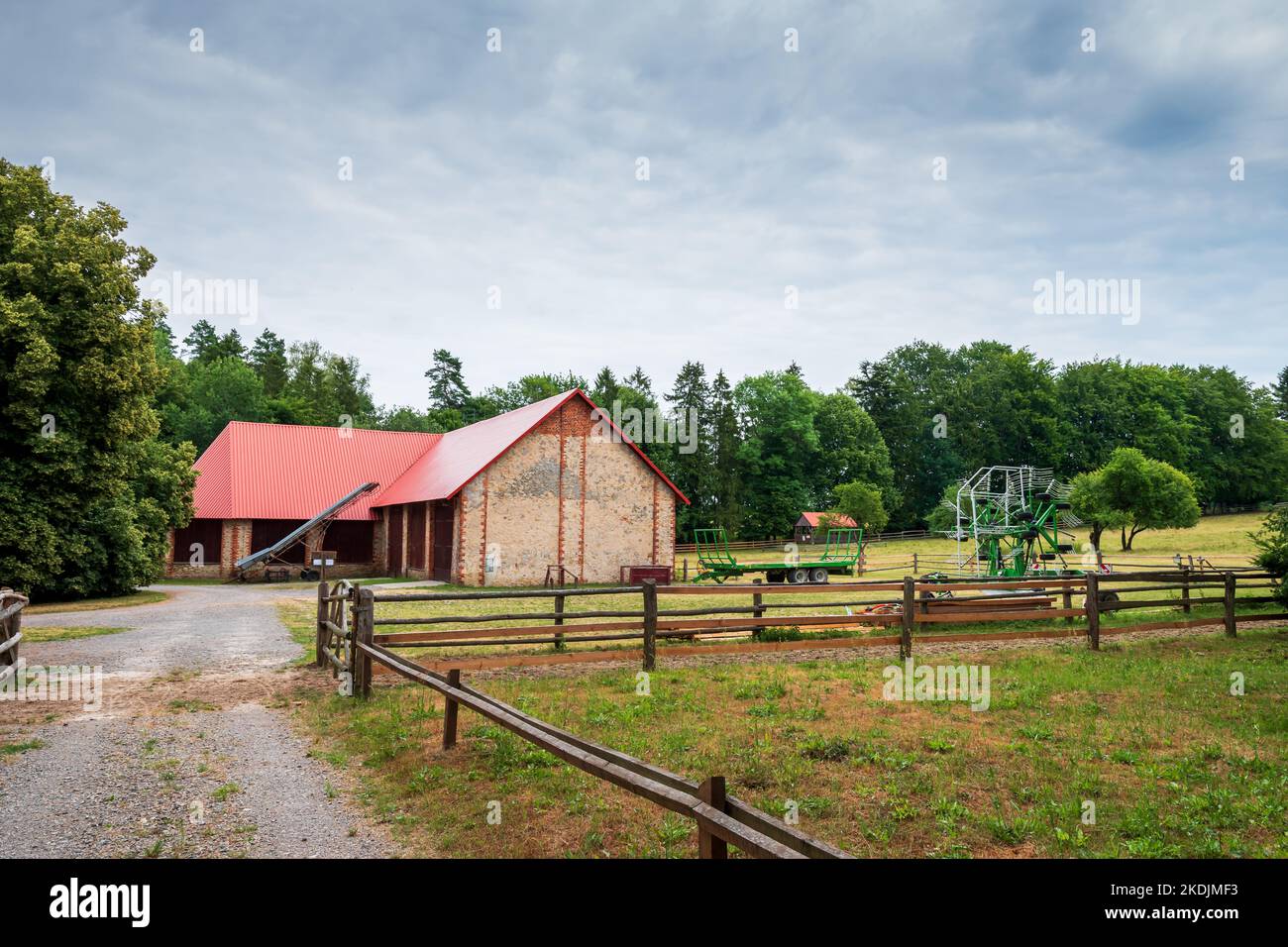 beautiful view of the Polish horse stud in Florianka. A large barn in ...