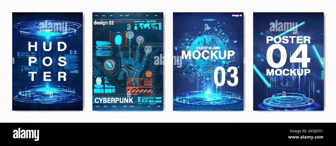 Hi-tech digital posters with futuristic elements and HUD interface ...