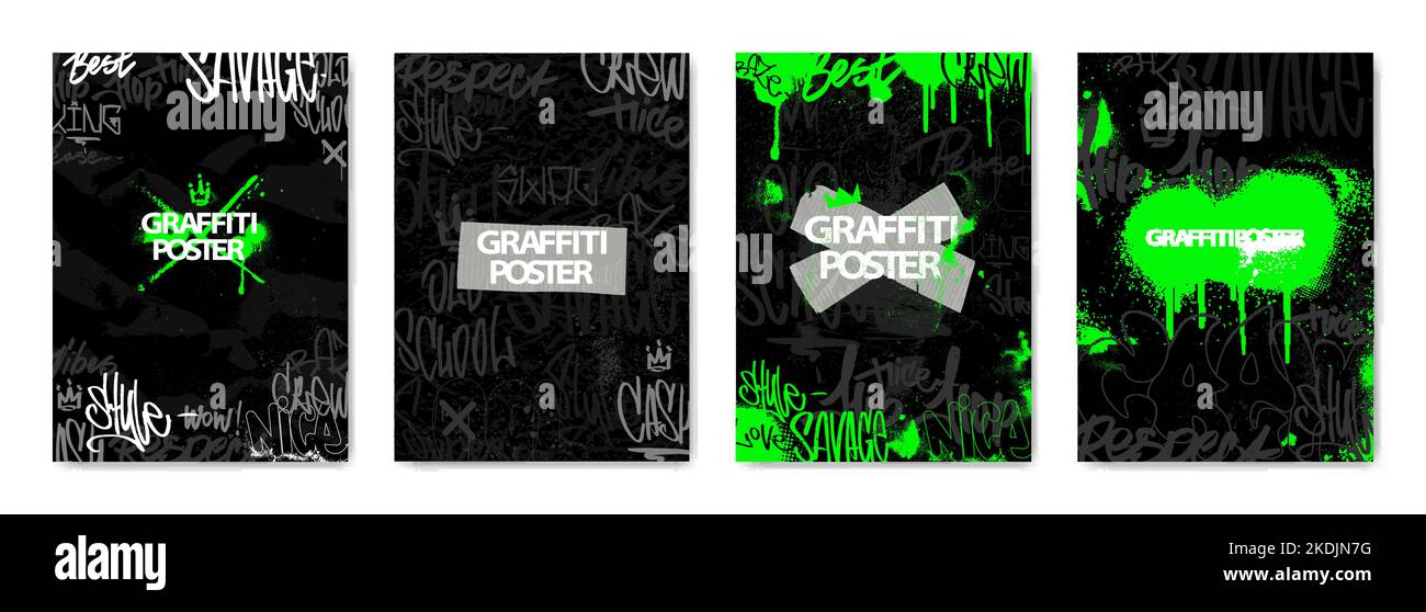 Dark Poster Graffiti set with toxic green. Street art tags covers Stock ...