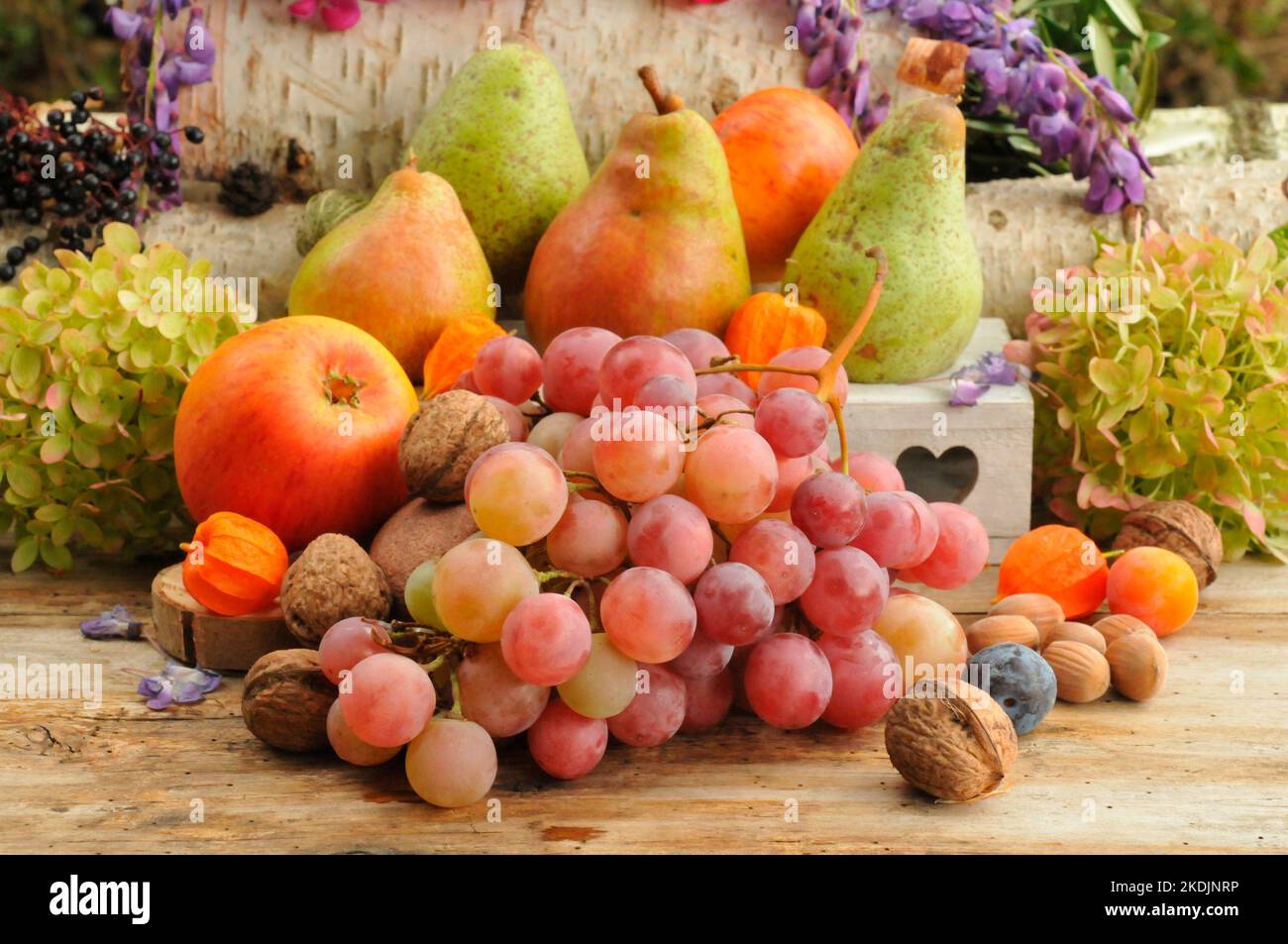 Autumn fruits: pears, grapes, walnuts, hazelnuts, gooseberries, apples ...