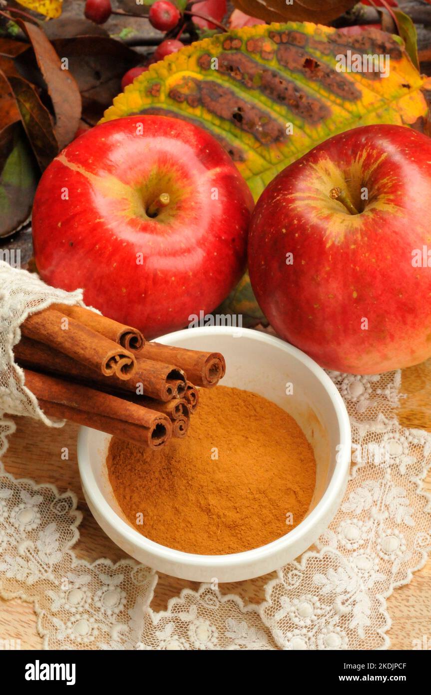 Cinnamon peel and powder and red apple Stock Photo - Alamy