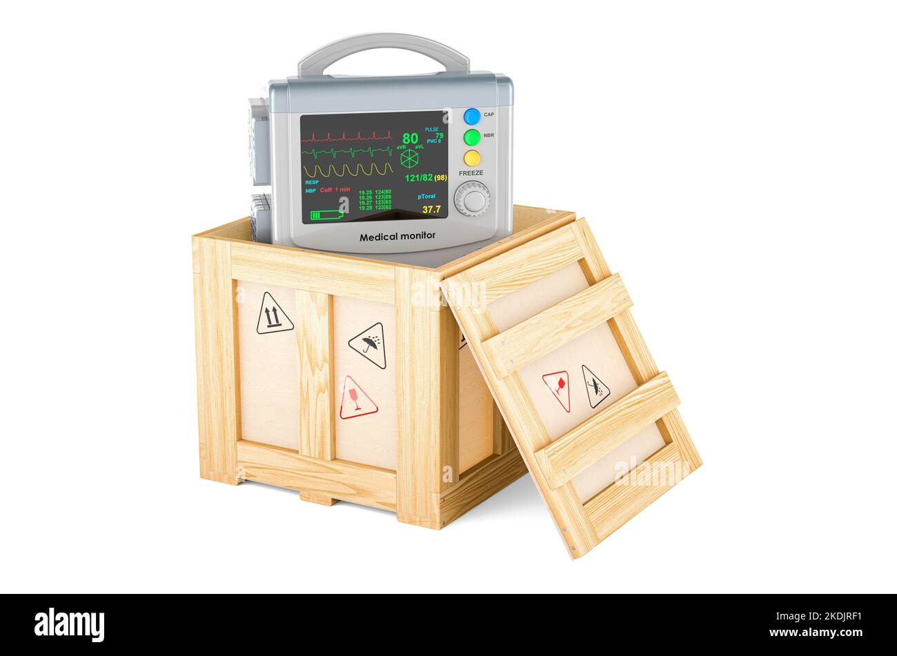 Medical monitor inside wooden box, delivery concept. 3D rendering ...
