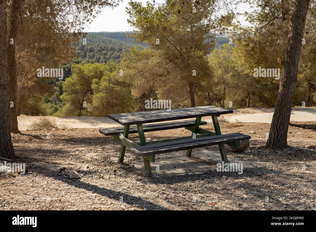 wooden picnic table in the forest, Lahav forest, Israel Stock Photo - Alamy