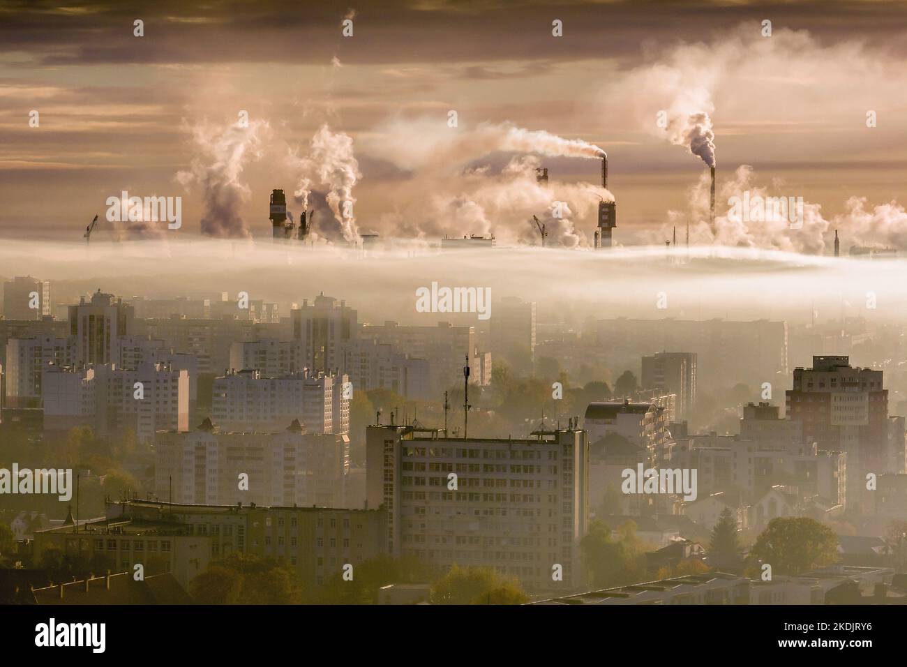 aerial panoramic view on smoke of pipes of chemical or wooden ...