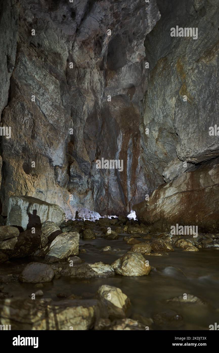 Inside the Cetatile Ponorului cave deep within the karst system, with ...