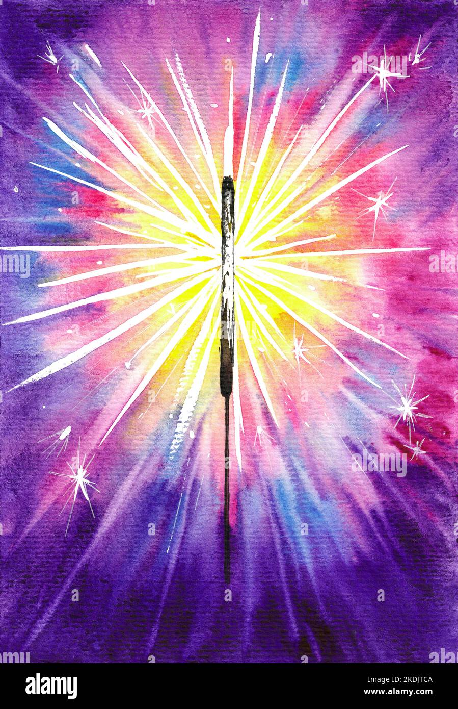 Sparkler, bengal light. Bright water colour illustration on purple ...