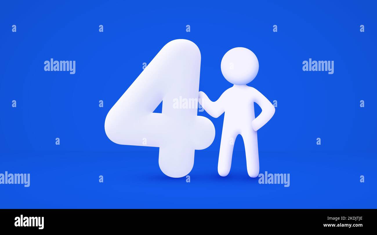3d white cartoon man holding big number 4. Number Four. Isolated blue ...