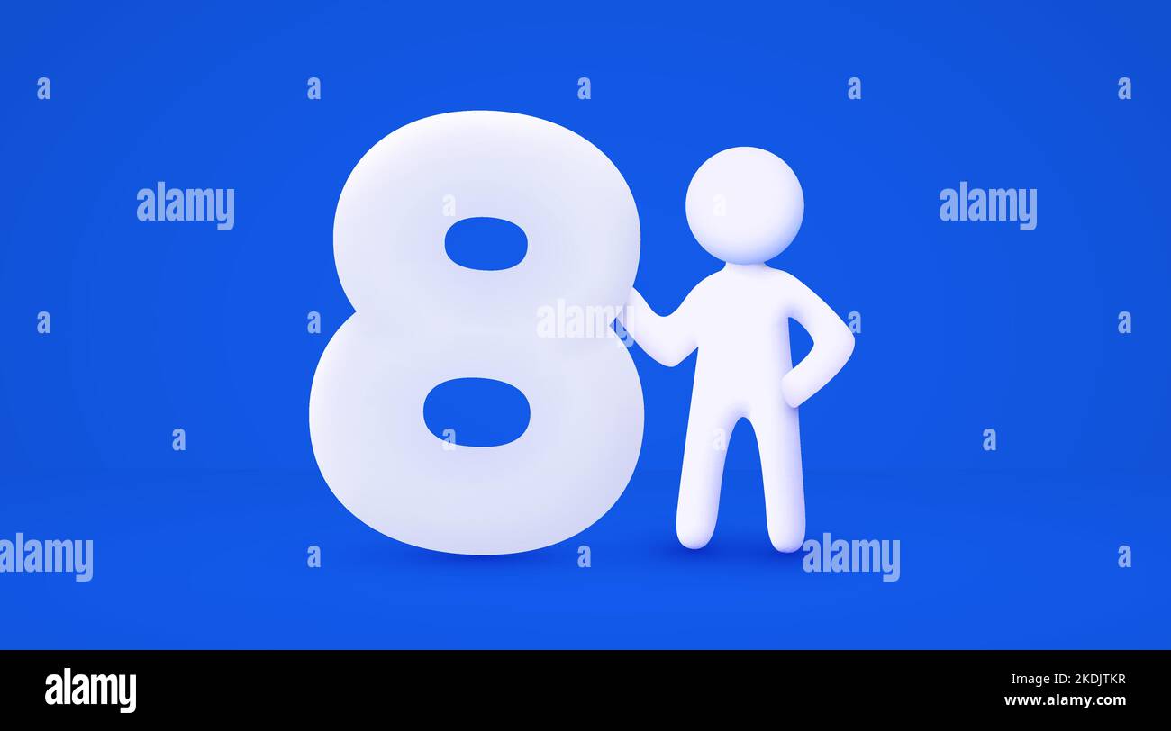 3d white cartoon man holding big number 8. Number Eight. Isolated blue ...