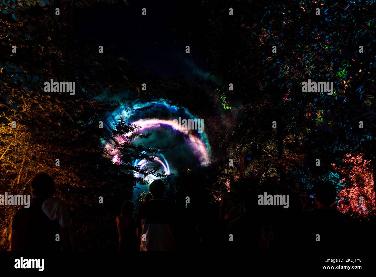 Neon light arch painting a forest with rainbow arch on a colourful dark ...