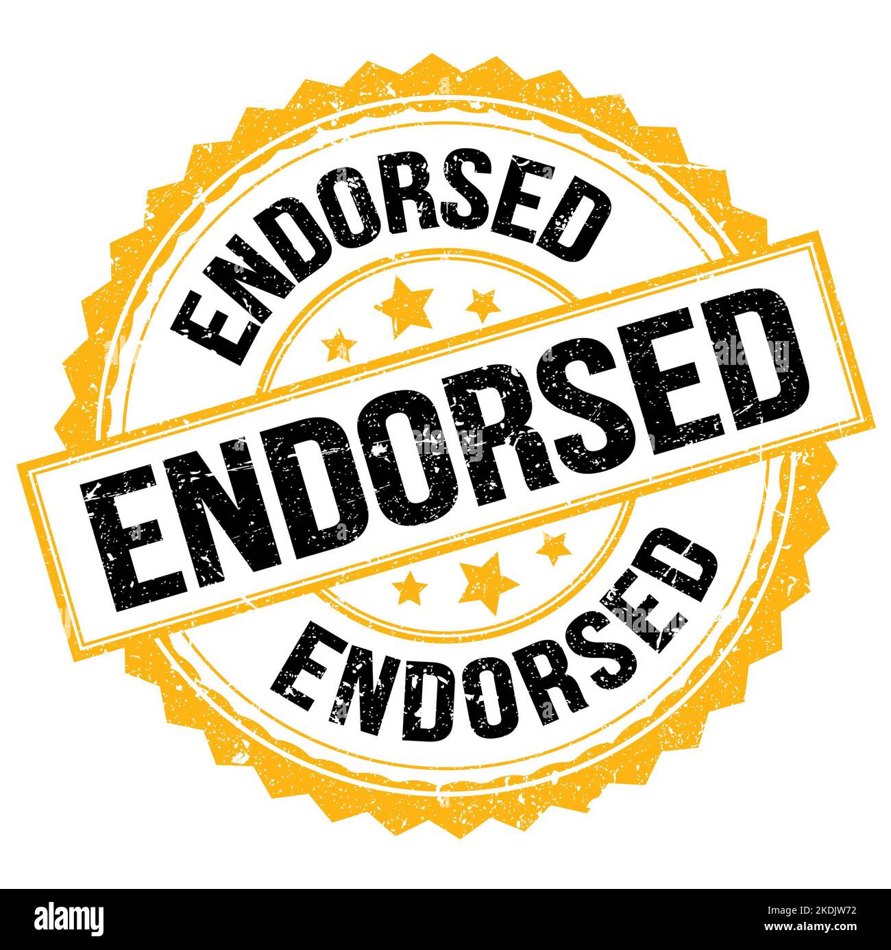 ENDORSED text written on yellow-black round stamp sign Stock Photo - Alamy