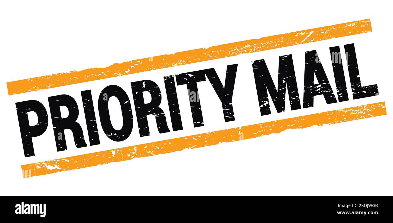 PRIORITY MAIL text written on black-orange rectangle stamp sign Stock ...