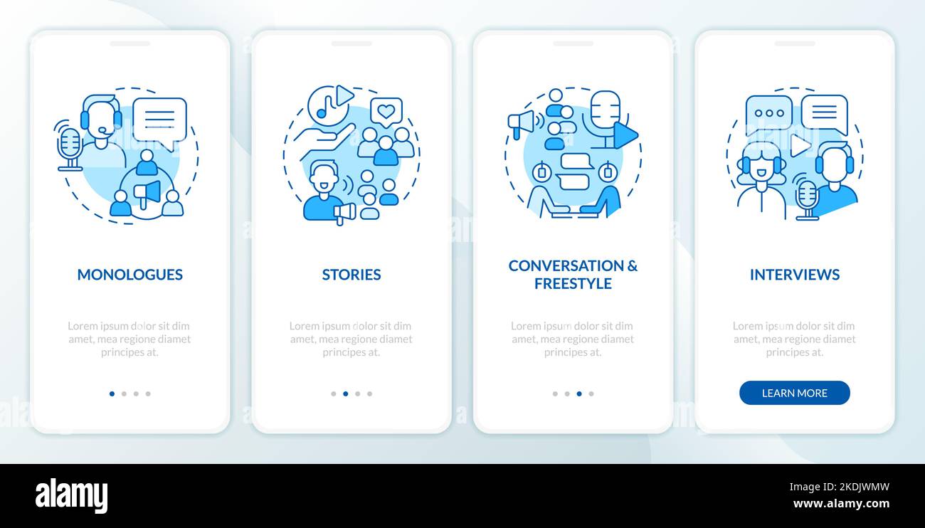 Common podcast formats blue onboarding mobile app screen Stock Vector ...