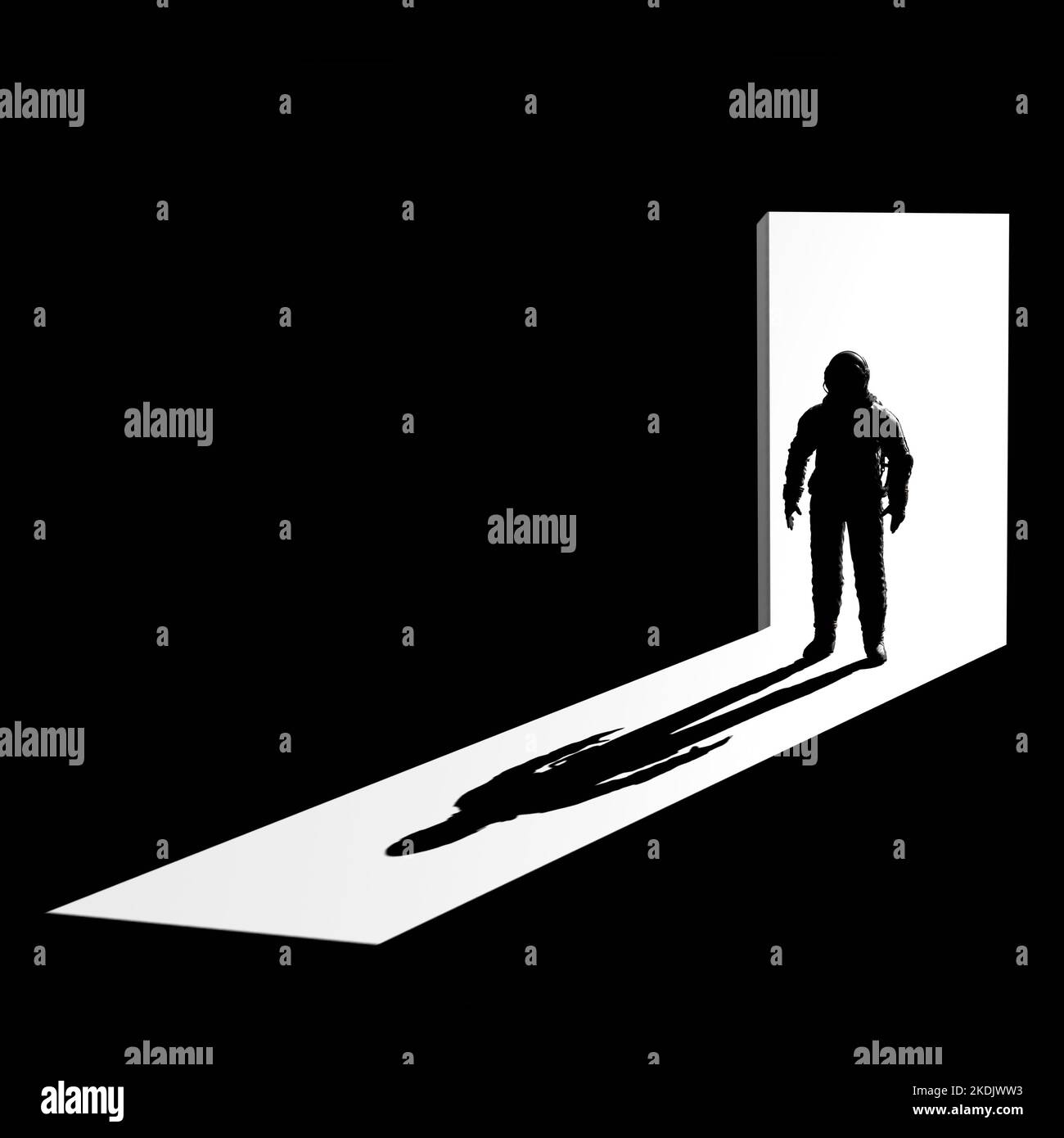 Astronaut cosmonaut stands in doorway from light into darkness of space ...