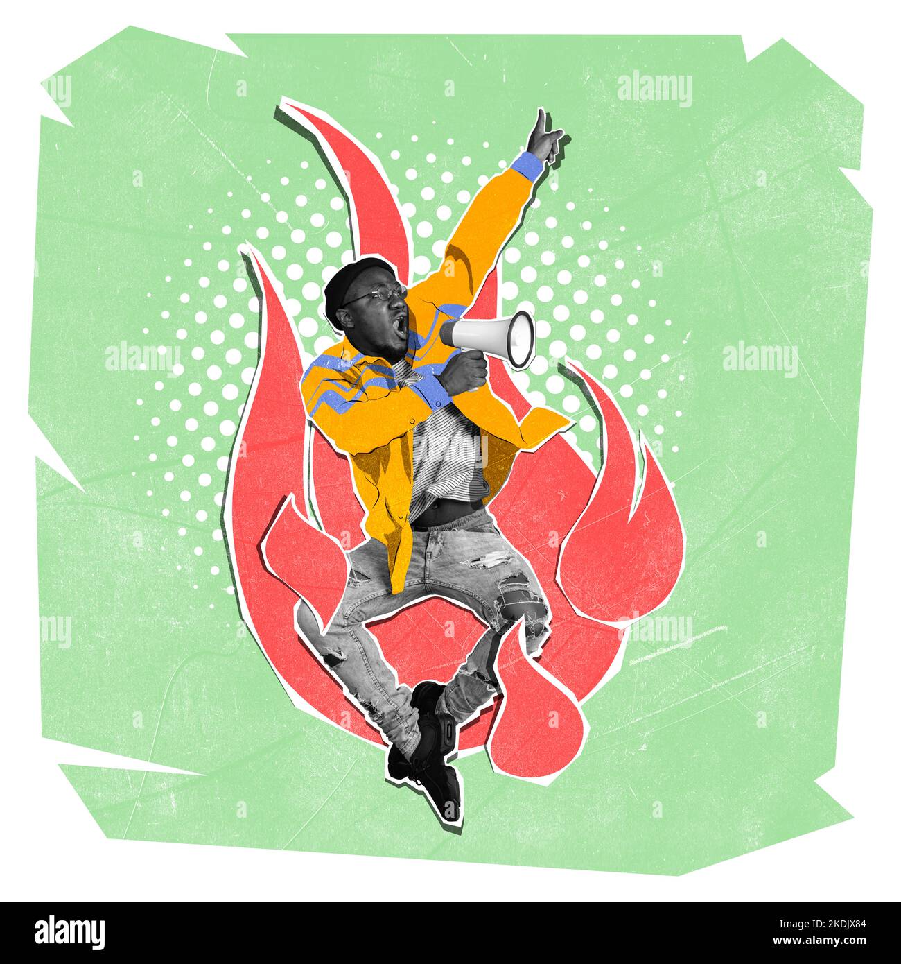 Contemporary art collage. Young stylish african man shouting in ...
