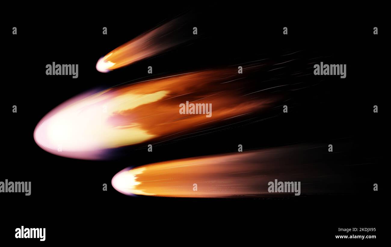 Fall comet from space, fiery tail falling meteorite. Entry of an ...