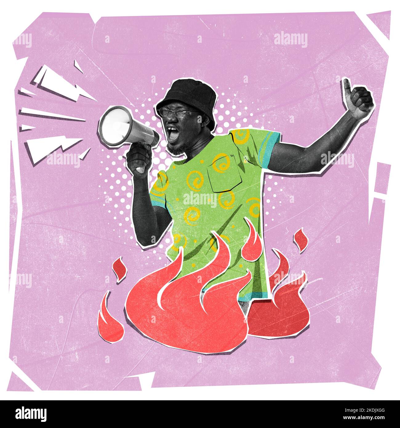 Contemporary art collage. Young african man shouting in megaphone over ...