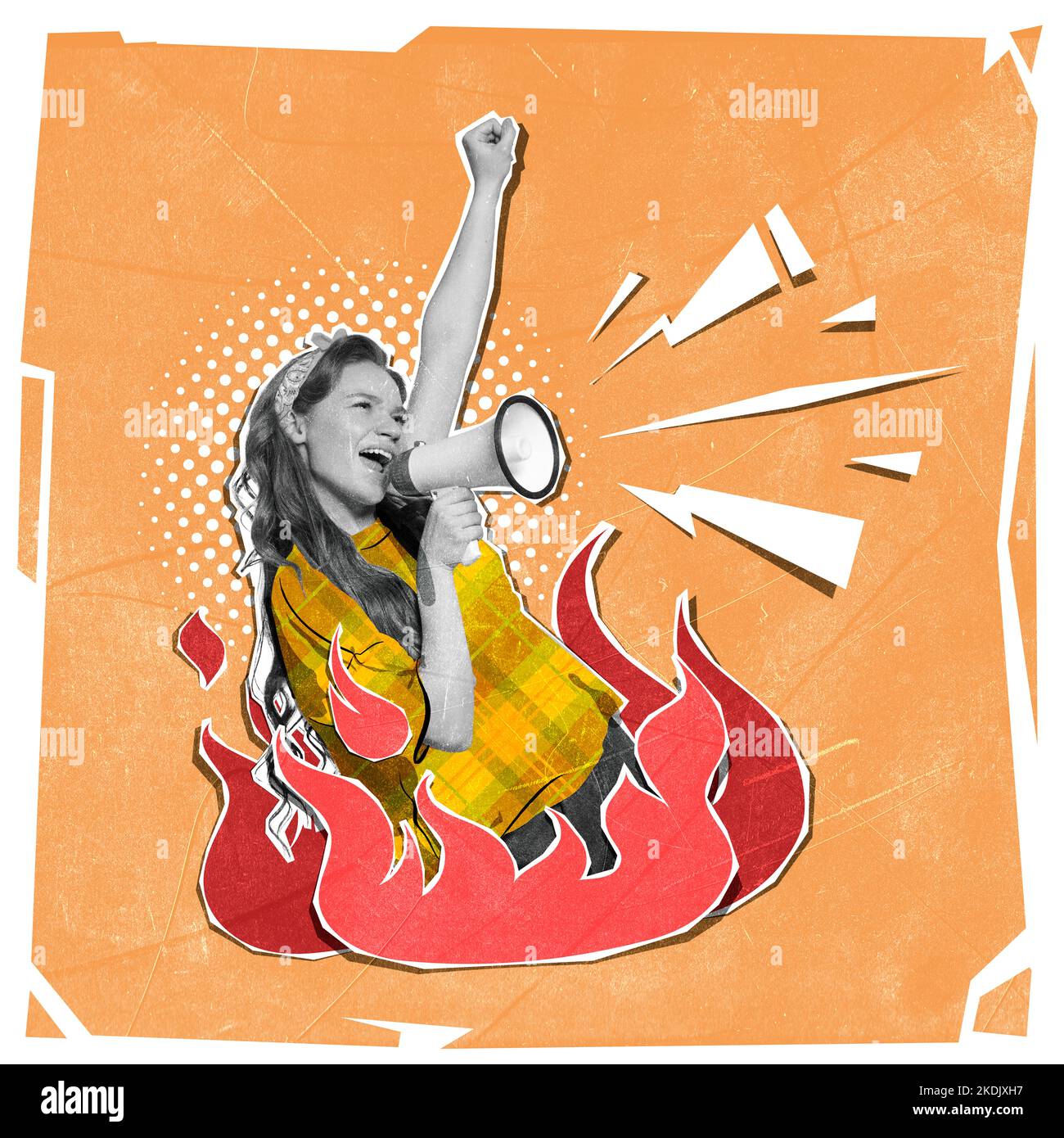 Contemporary art collage. Young emotive girl, student shouting in ...