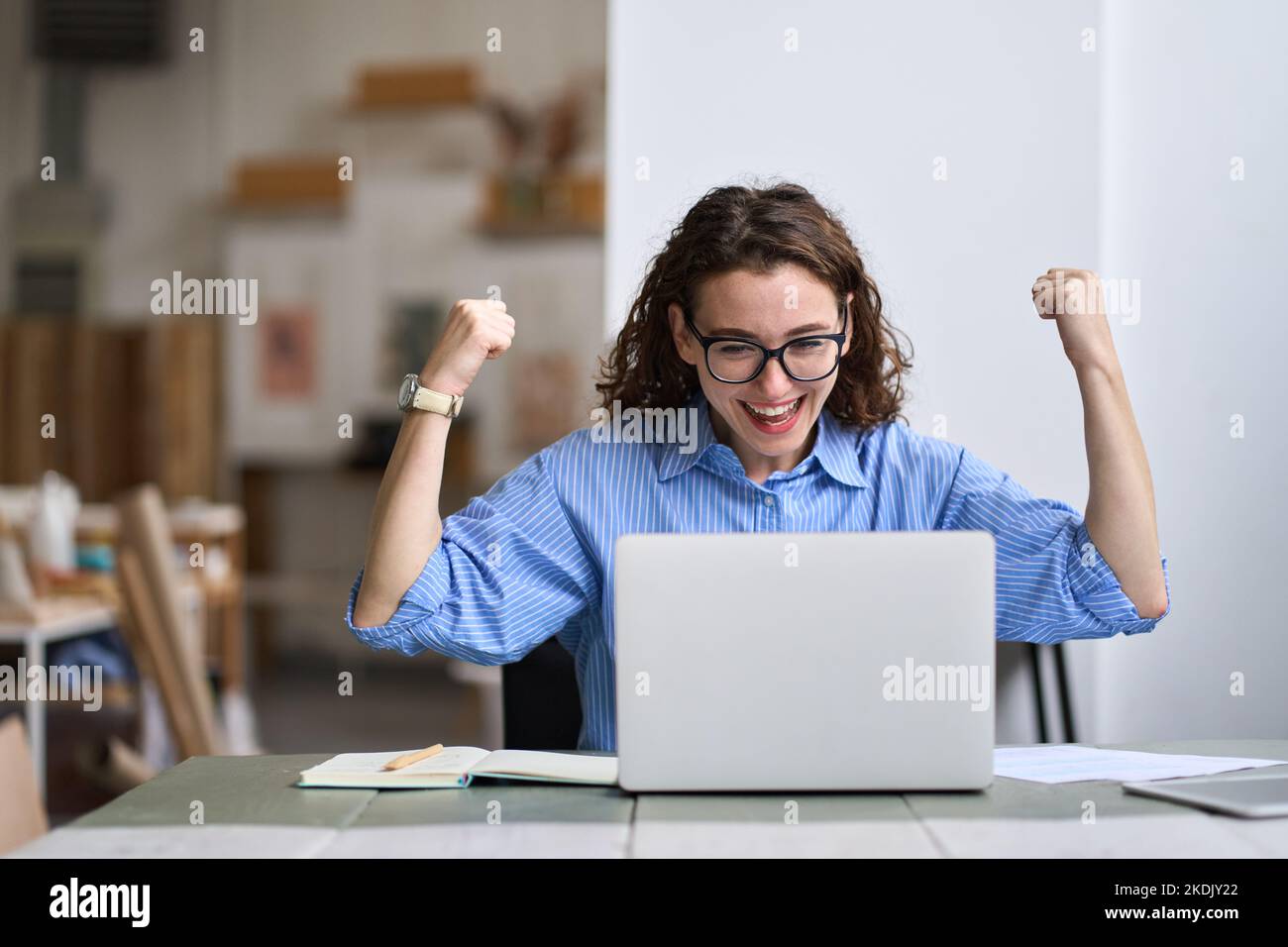 Excited woman computer home hi-res stock photography and images - Alamy