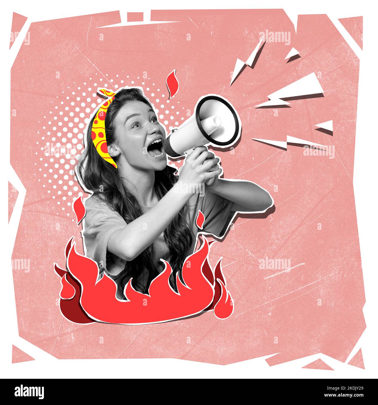Contemporary art collage. Young stylish girl shouting in megaphone ovr ...