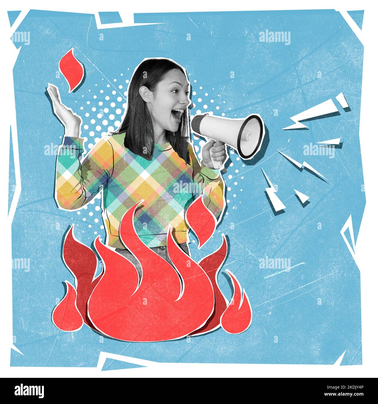 Contemporary art collage. Young girl shouting in megaphone in ...