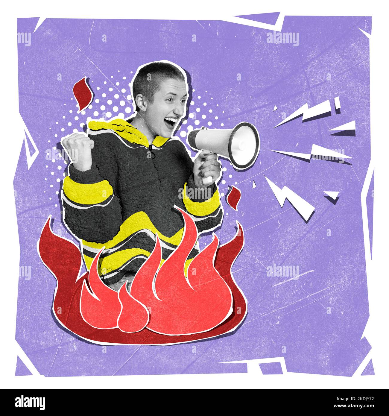 Contemporary art collage. Young emotive woman shouting in megaphone ...