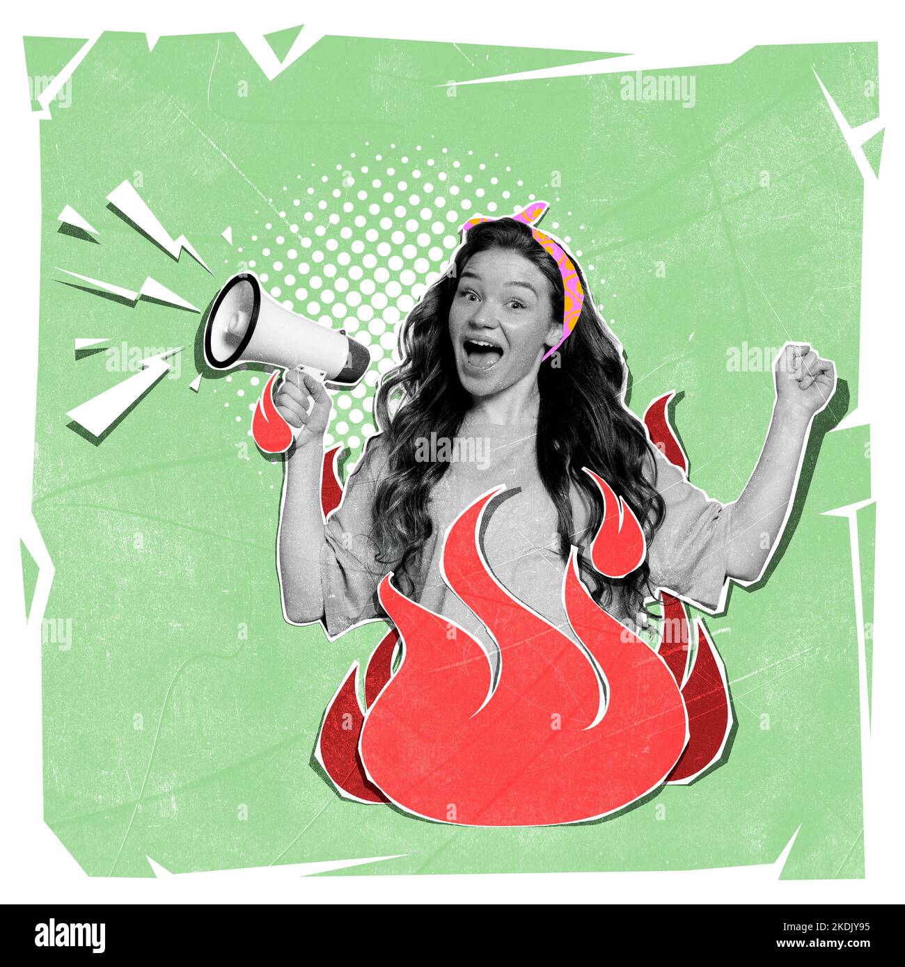 Contemporary art collage. Cheerful, emotive young girl shouting in ...
