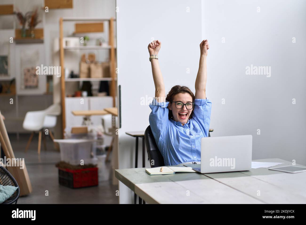 Excited woman computer home hi-res stock photography and images - Alamy